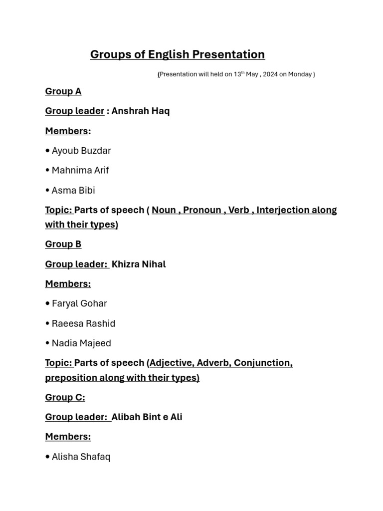 English Presentation's Groups & Topics | PDF