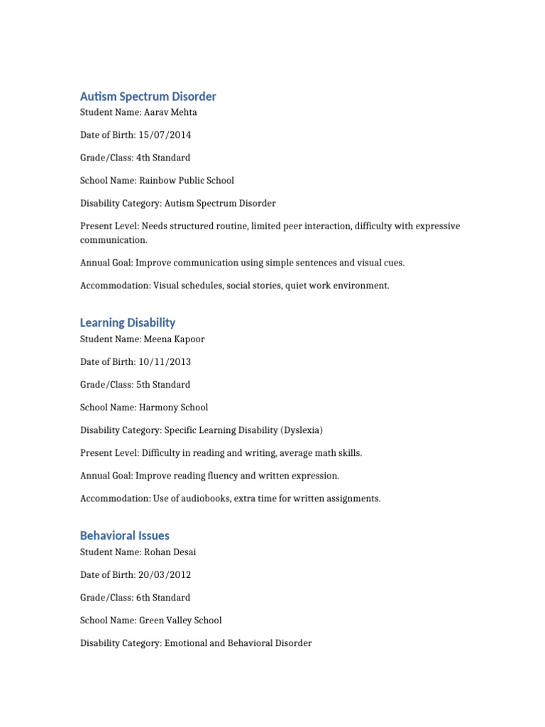 Filled IEP Templates Autism LD Behavior ADHD | PDF