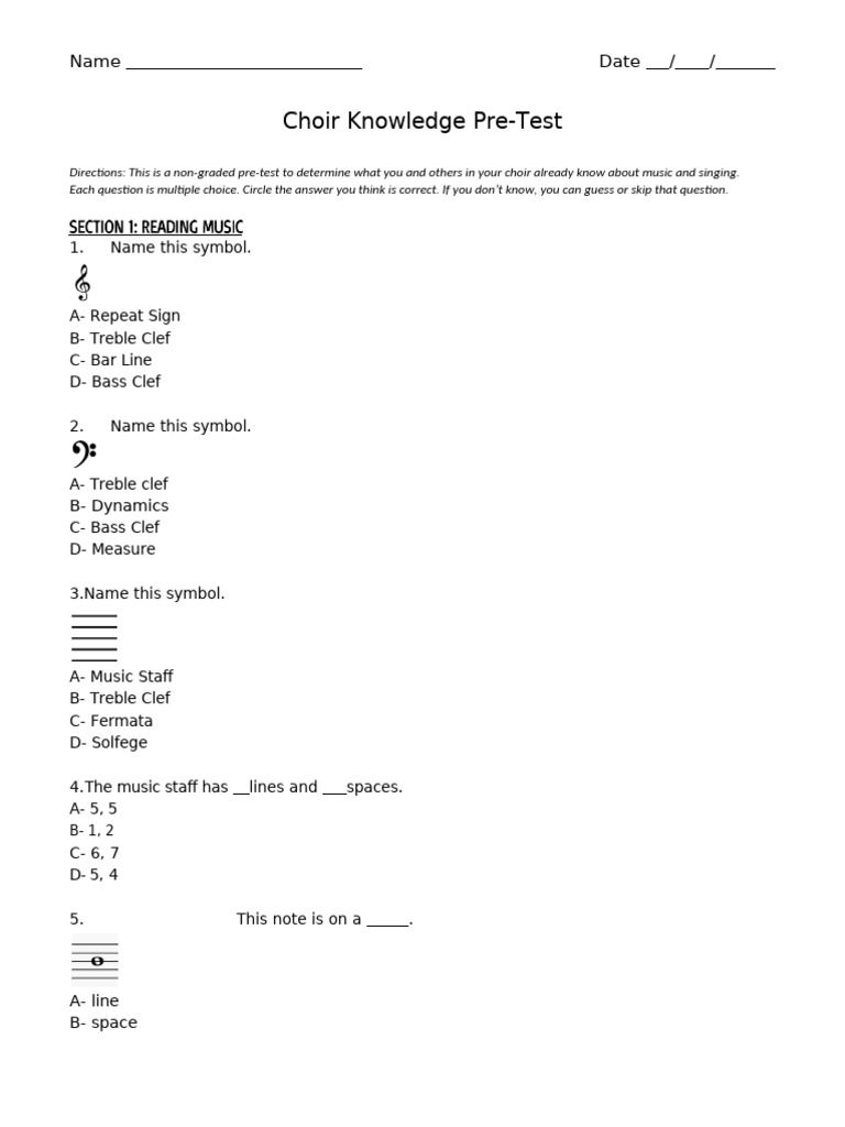 Choir Knowledge Pre-Test: Name Date | PDF | Tempo | Musical Notation