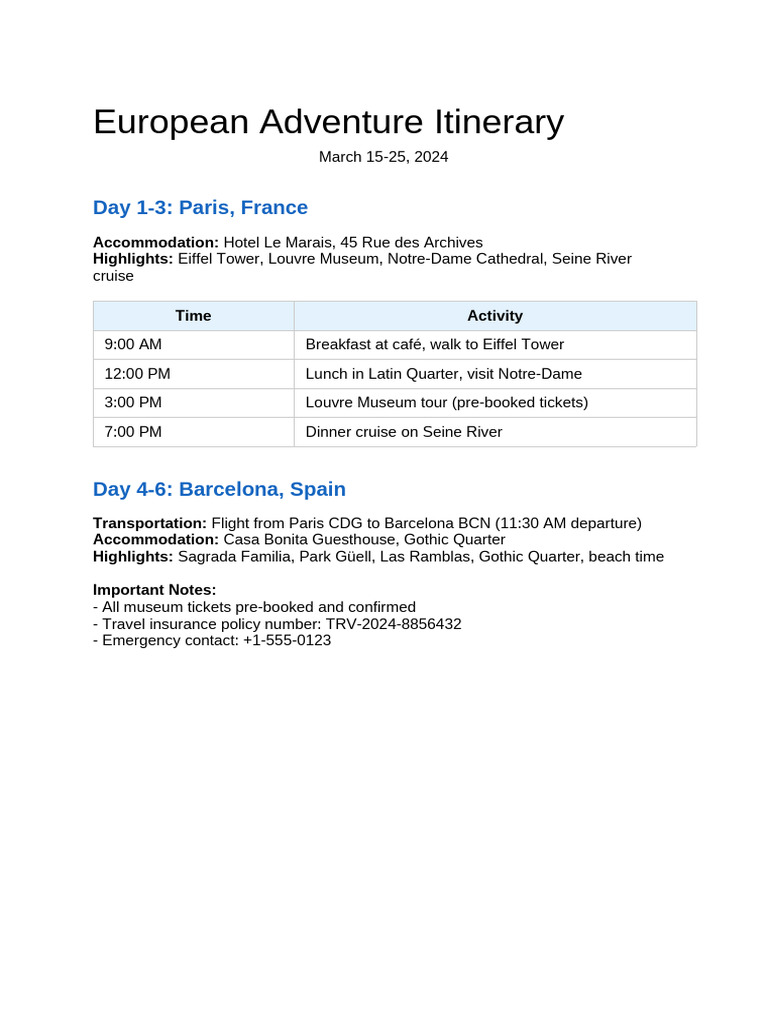 European Adventure Itinerary: Paris & Barcelona | PDF