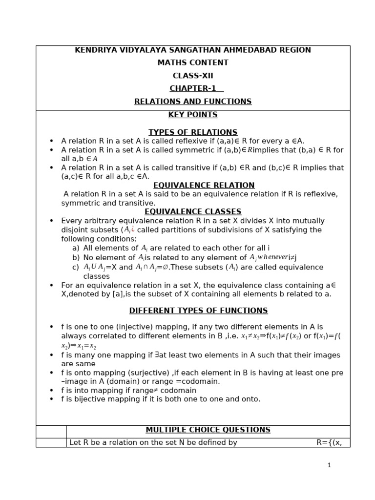 Class 12 Maths: Relations & Functions Guide | PDF | Function ...