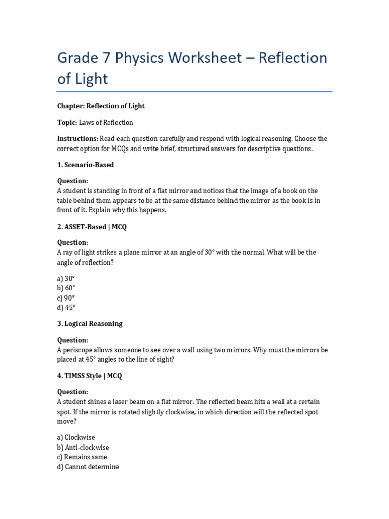 Grade 7 Physics - Worksheet Reflection of Light | PDF