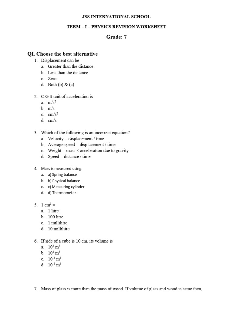 Gr7 - Revision Worksheet - 2025-26 Updated | PDF | Density | Volume