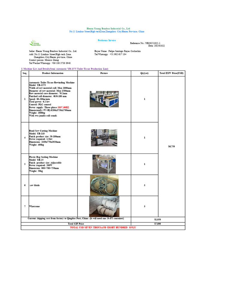 Proforma Invoice for YB-1575 Semi Automatic Toilet Tissue Production Line.20251022-1 | PDF