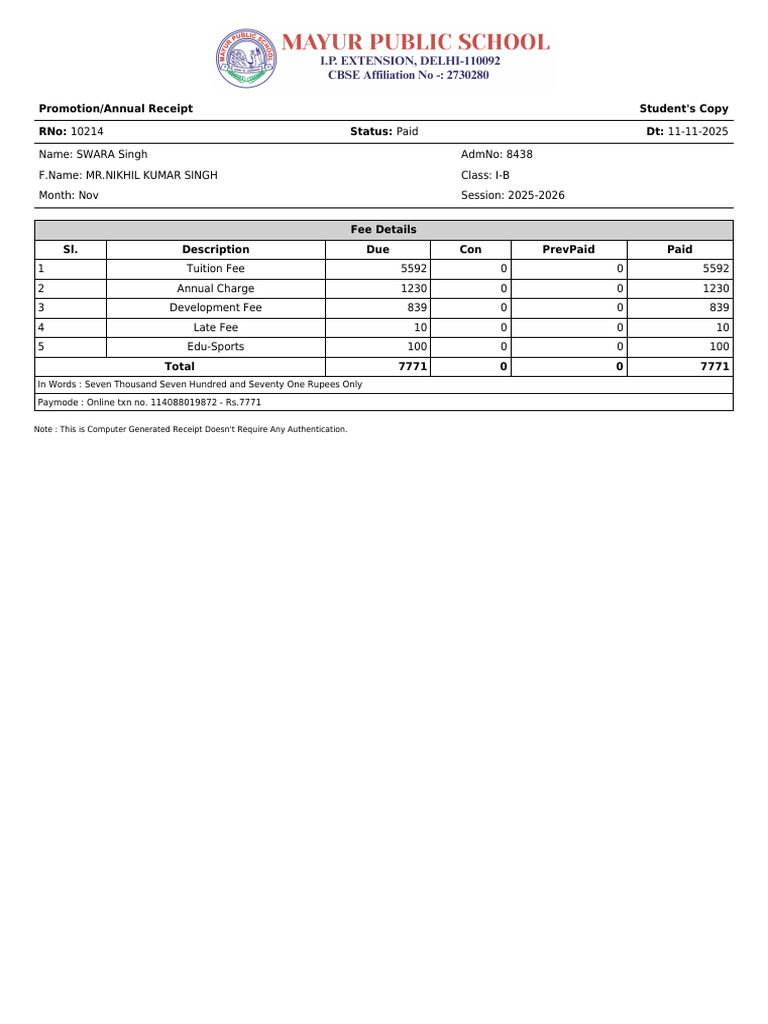 Annual Fee Receipt for Student SWARA Singh | PDF