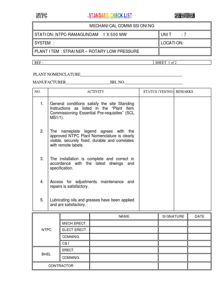 Mechanical Commissioning Checklist: Strainer | PDF