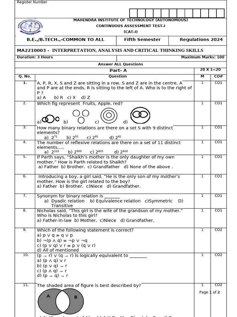Cat-I QP - Aptitude Sem V r2024 | PDF | Chess Theory | Chess