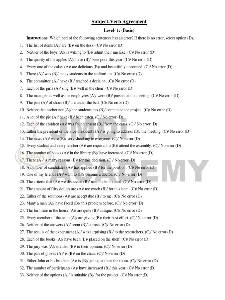 7(b) Subject Verb Agreement Question Bank | PDF | Grammatical Number ...