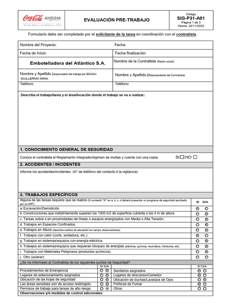 Evaluación de Seguridad Pre-Trabajo | PDF