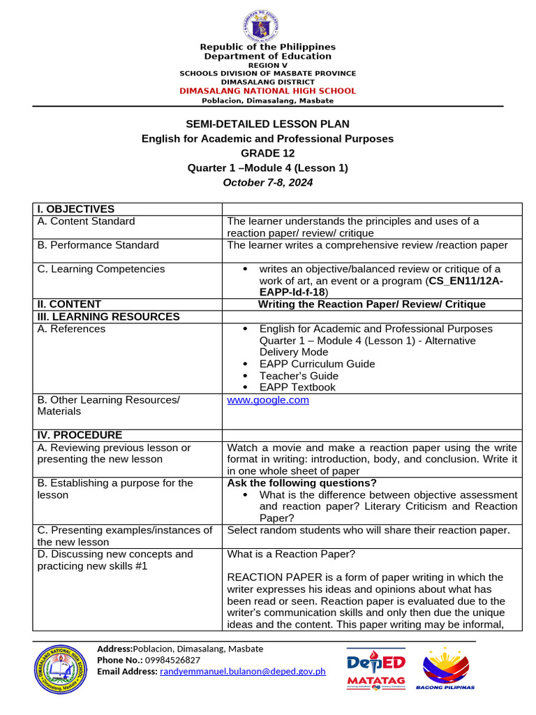 EAPP Q1-M4-Lesson 1 | PDF | Lesson Plan | Learning