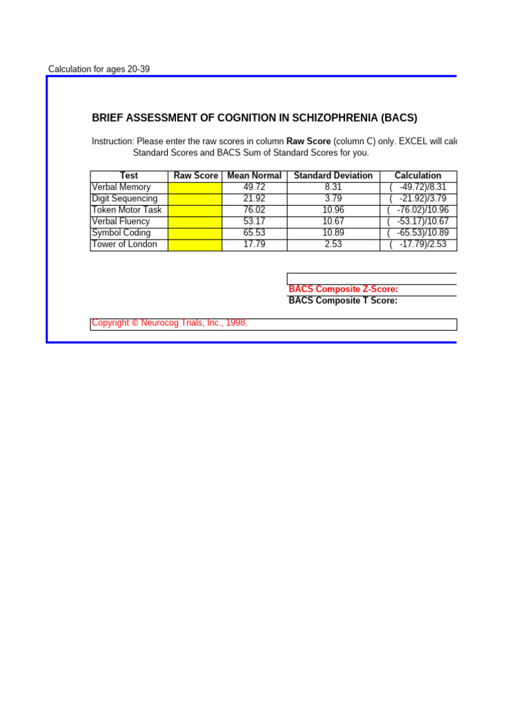 BACS Cognitive Scores by Age Group | PDF | Standard Score | Cognitive ...