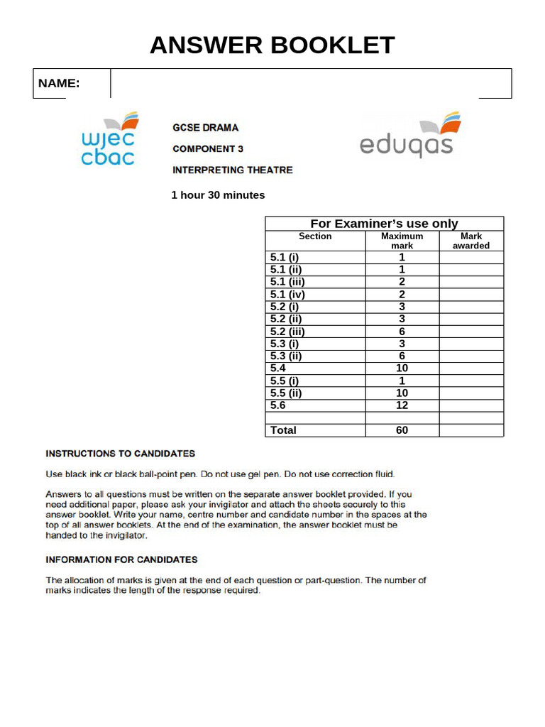 Upper Fifth Mock GCSE Answer Booklet | PDF