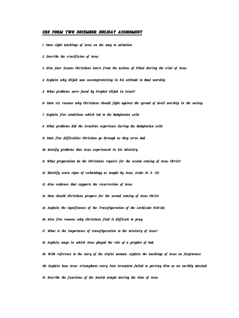 Form Two Cre Dec Holiday Assignment | PDF | Jesus | Resurrection Of Jesus