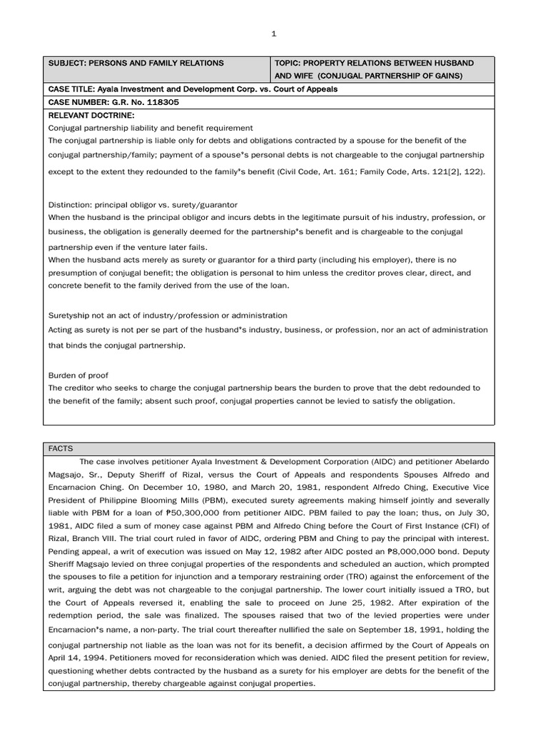 Conjugal Partnership Liability in Surety Cases | PDF | Partnership | Surety