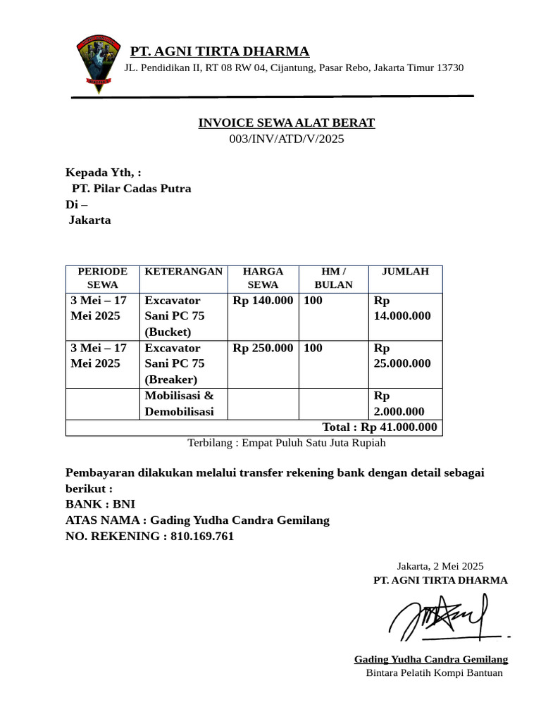 Invoice Sewa Alat Berat PT Agni Tirta Dharma | PDF