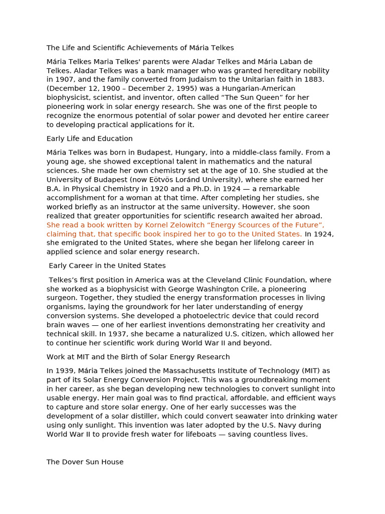 Mária Telkes: Pioneer of Solar Energy | PDF | Sustainable Technologies ...