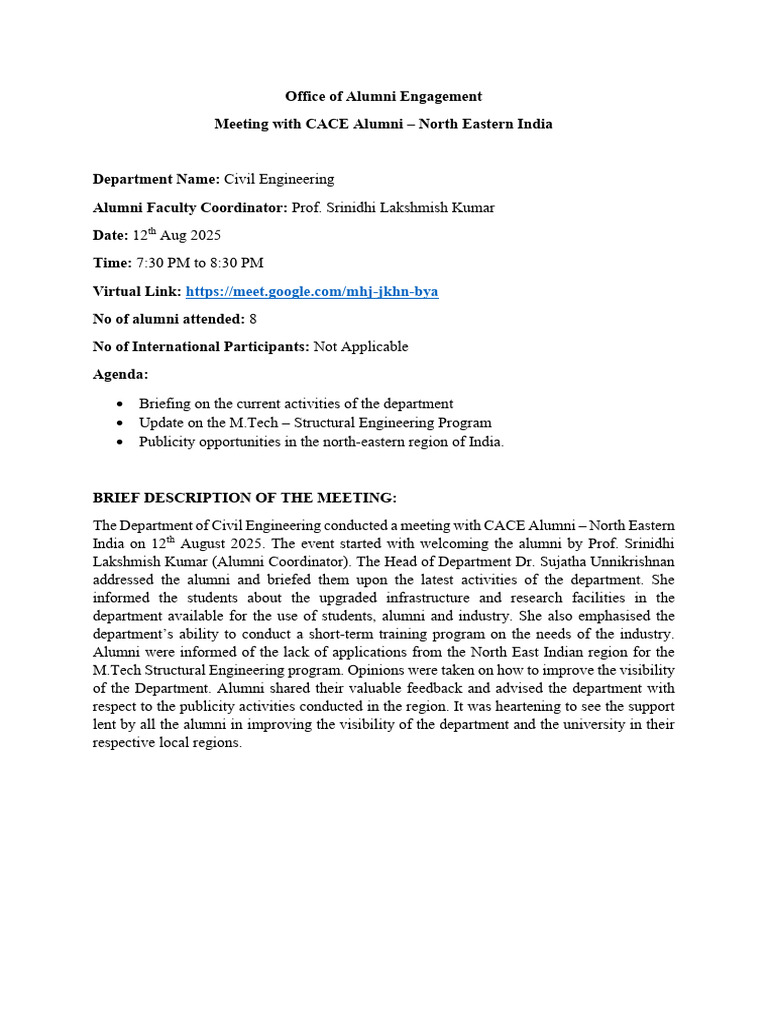 Online Alumni Meet - North Eastern India (CACE) - Srinidhi Kumar L Engineering Civil | PDF ...
