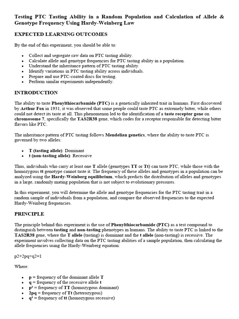 Testing PTC Tasting Ability in a Random Population and Calculation of ...