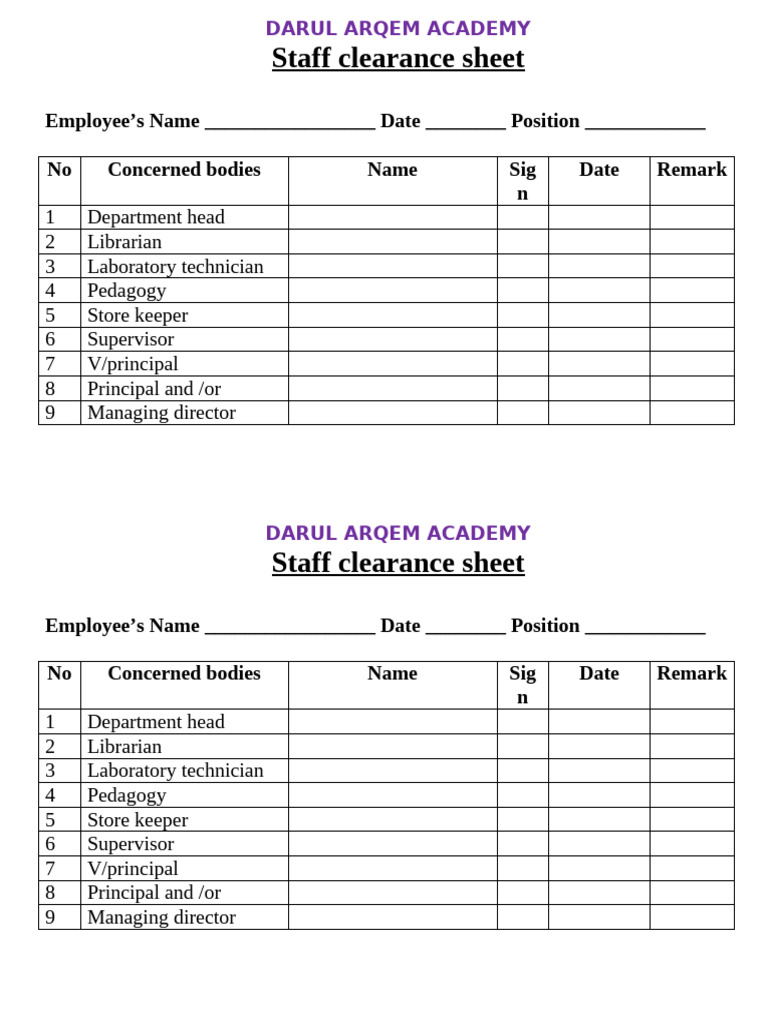 Staff Clearance Sheet Template | PDF