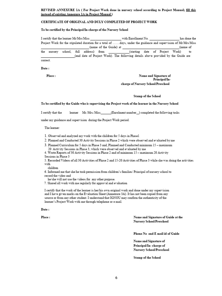 Revised Annexure 1A for Project Work | PDF | Preschool