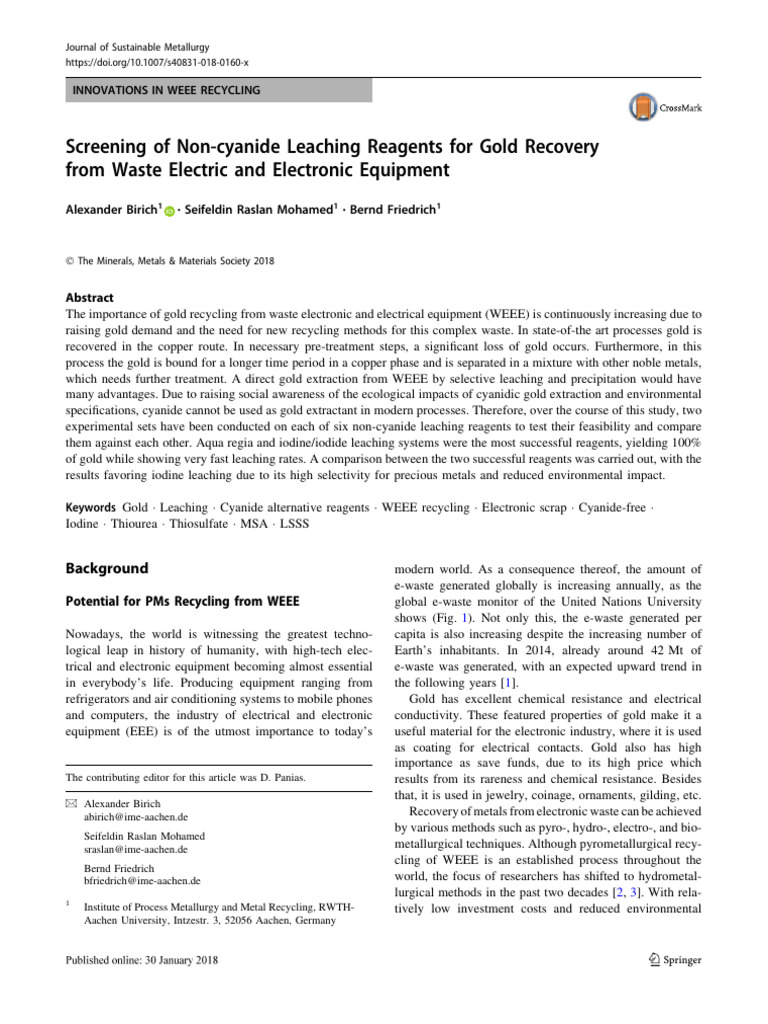 Birich 2018 Screening of Non-Cyanide Leaching Reagents For Gold ...