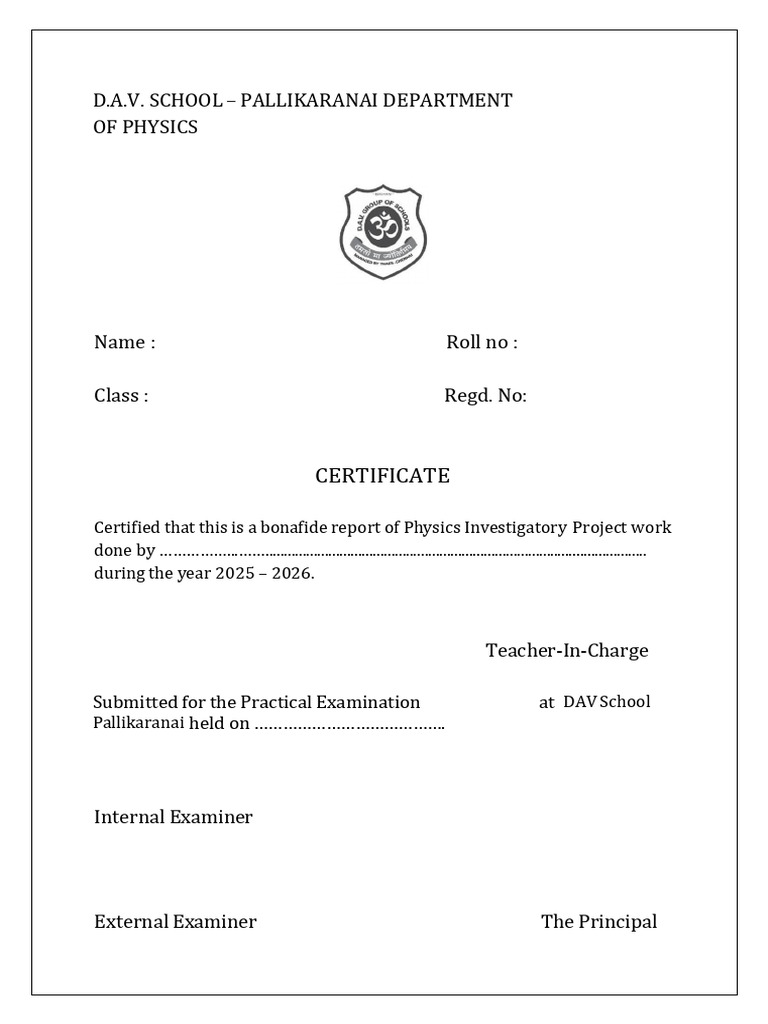 Physics Project Certificate 2025-2026 | PDF