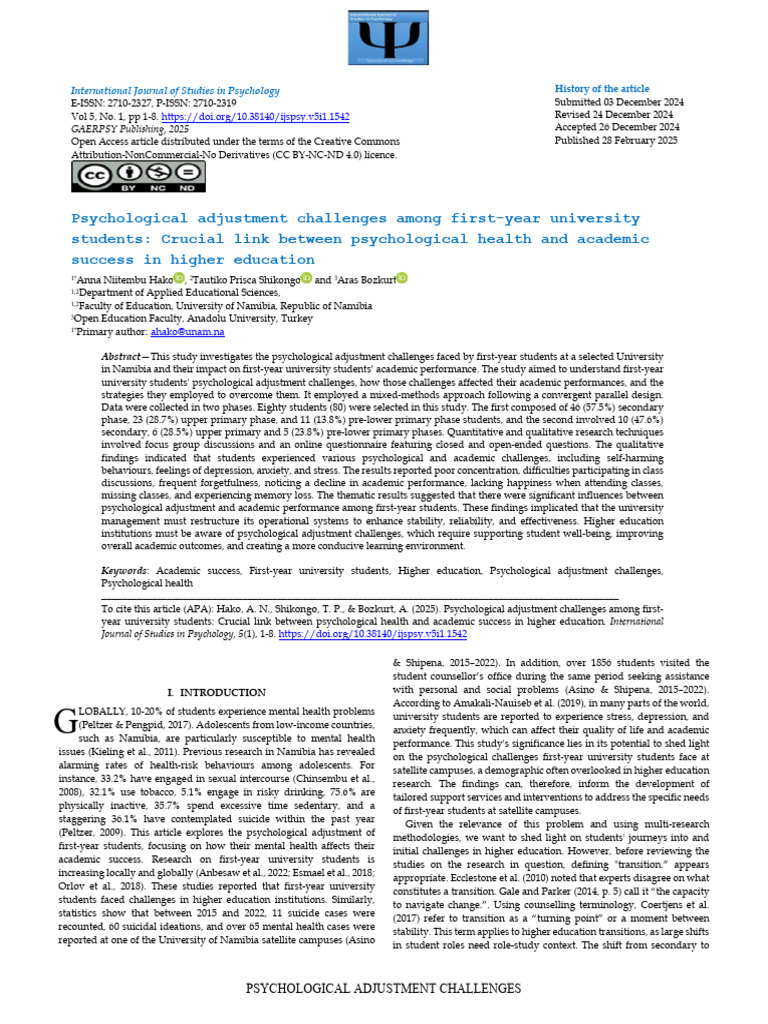 Hako Et Al Psychological Adjustment Challenges Among First Year ...