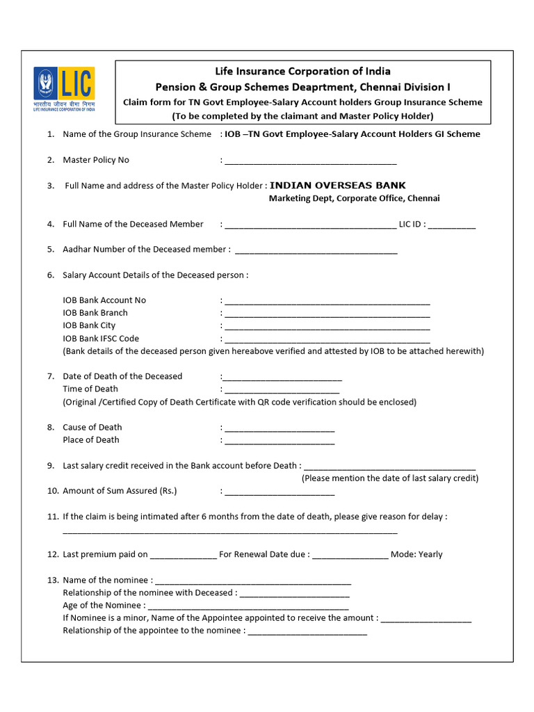 IOB Life Insurance Claim Form | PDF | Life Insurance
