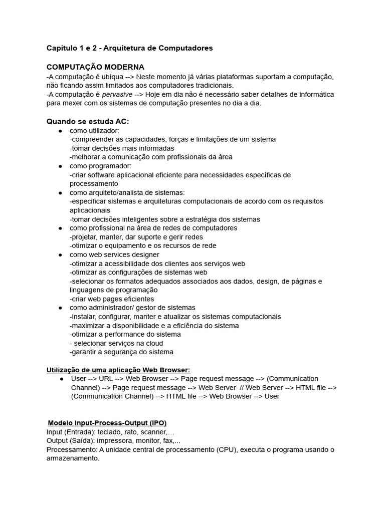 CAPITULO 1 e 2 RESUMO | PDF | Armazenamento de dados de computador | Unidade central de ...