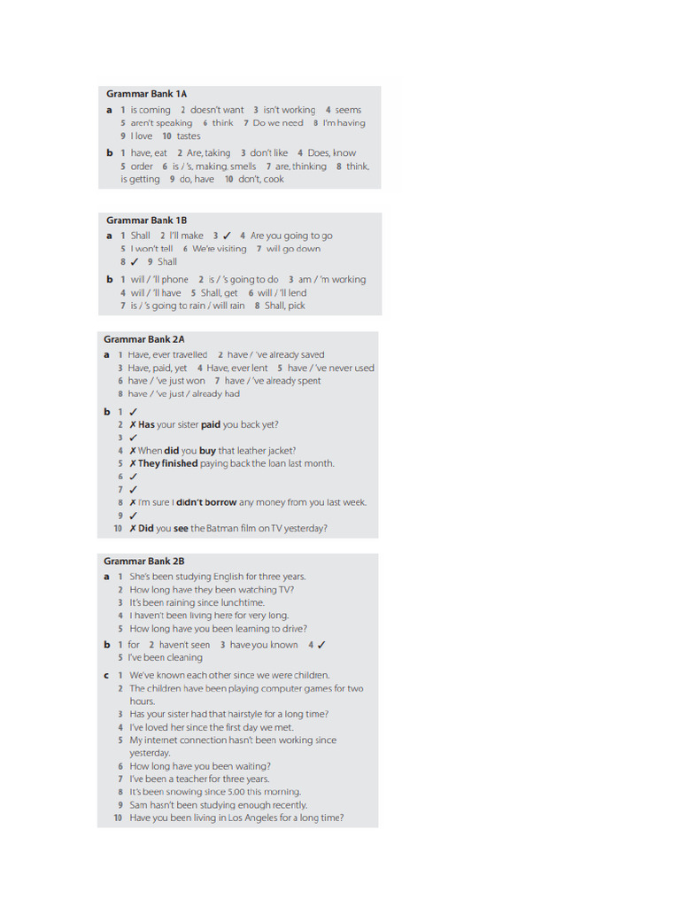 Grammar Bank b1 Key | PDF