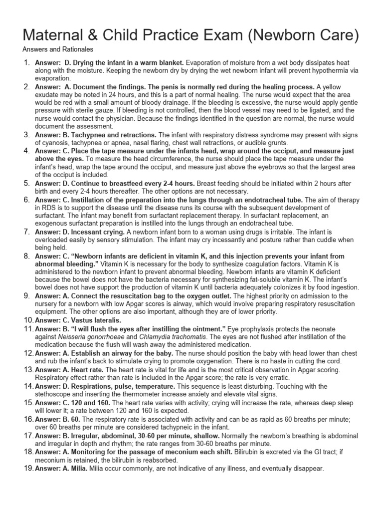 NB Care ANSWER KEY | PDF | Fetus | Diabetes