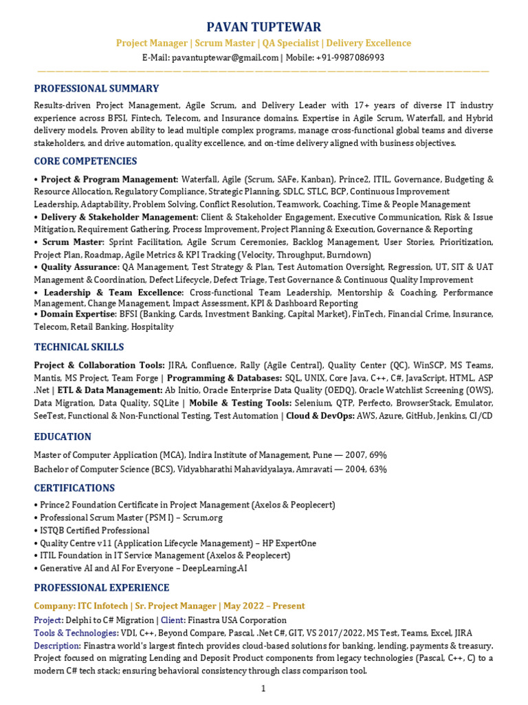 Pavan Tuptewar Resume | PDF | Scrum (Software Development) | Agile Software Development