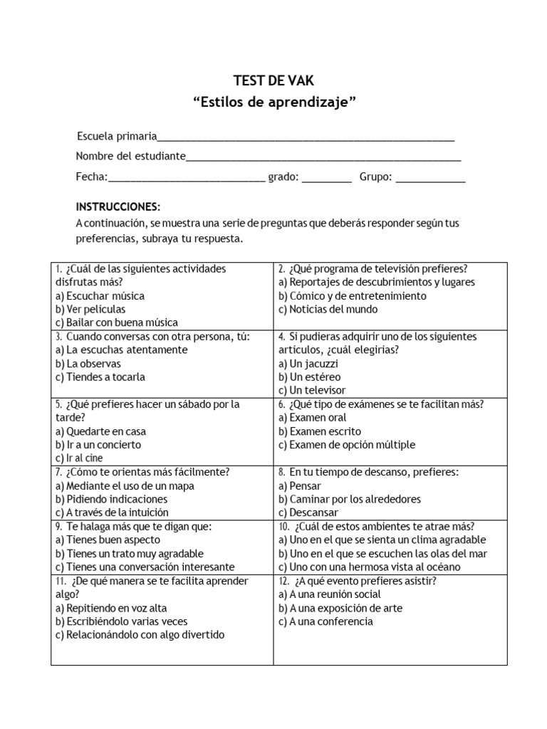 Test de Estilos de Aprendizaje VAK | PDF | Aprendizaje