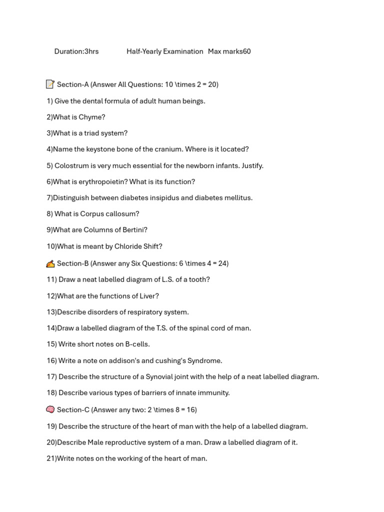 Half-Yearly Exam Questions on Human Anatomy | PDF
