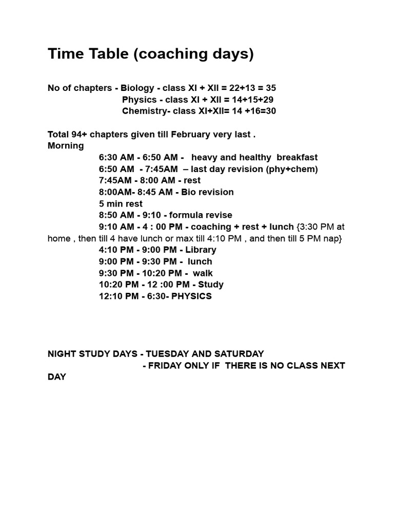 Time Table (Coaching Days) | PDF