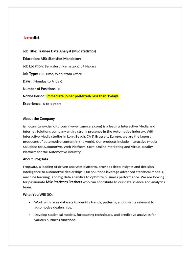 JD - Trainee Data Anlayts (MSC Statistics) | PDF