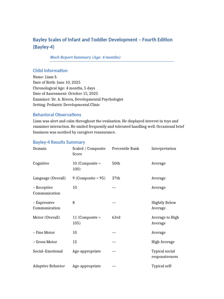 Bayley-4 Development Report for Liam, 4 Months | PDF | Cognitive ...