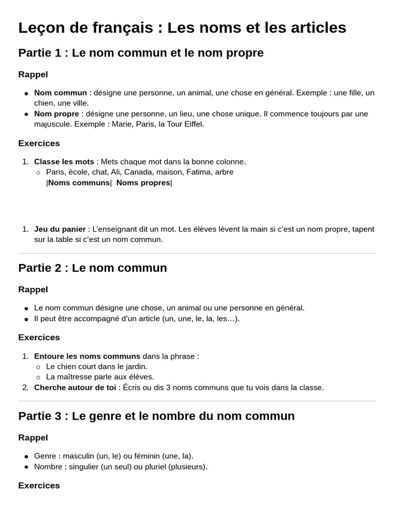 Noms et articles en français | PDF | Genre grammatical | Nombre grammatical