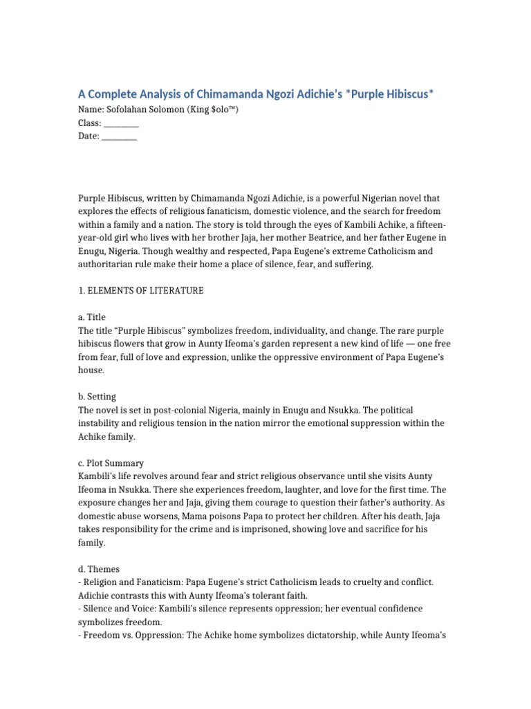 Purple Hibiscus Analysis Sofolahan Solomon | PDF