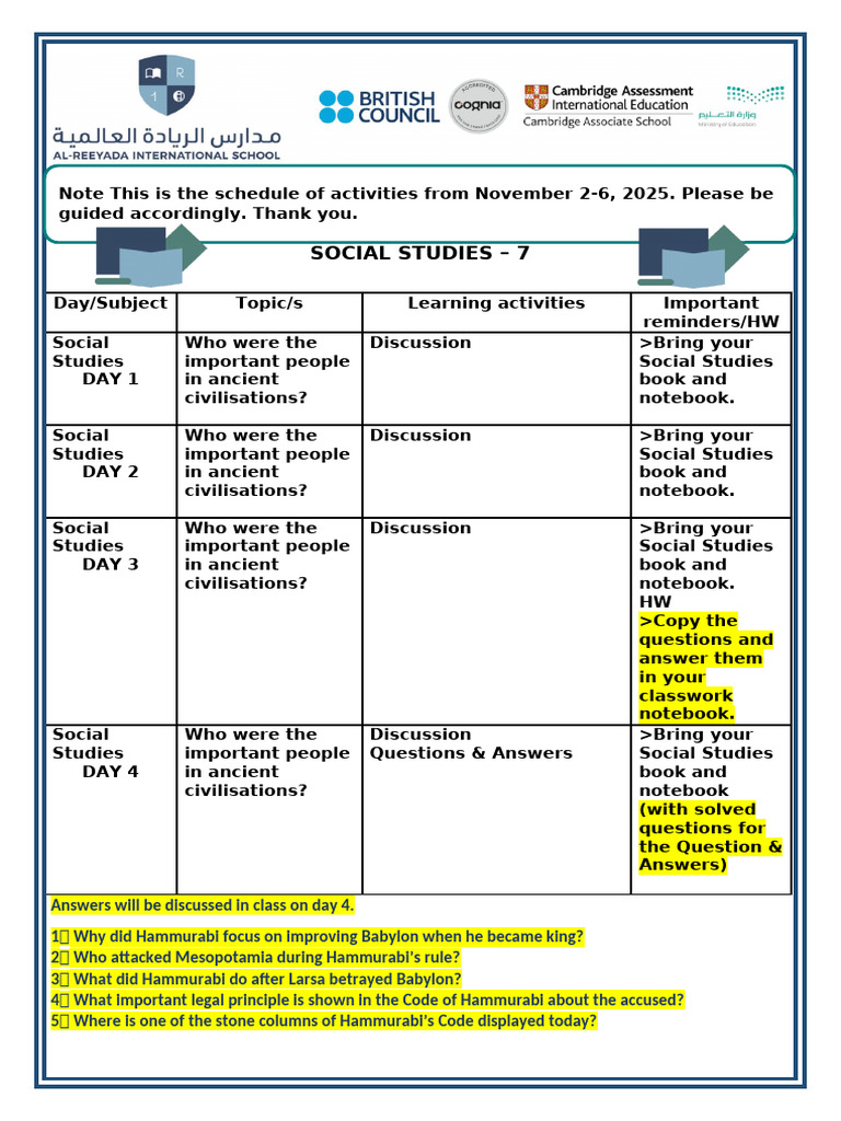 g7 Social Studies WP Nov 02-06 Week-11 2025-26 | PDF | Hammurabi ...