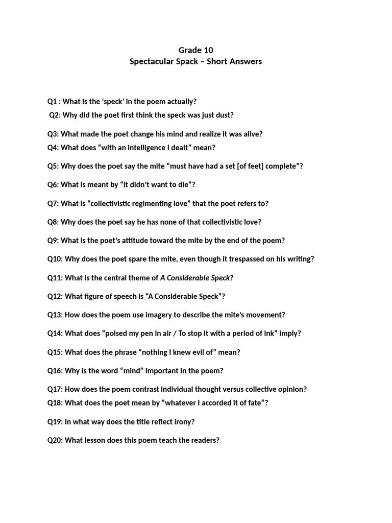 Grade 10 Considerable Speck Short Answers | PDF