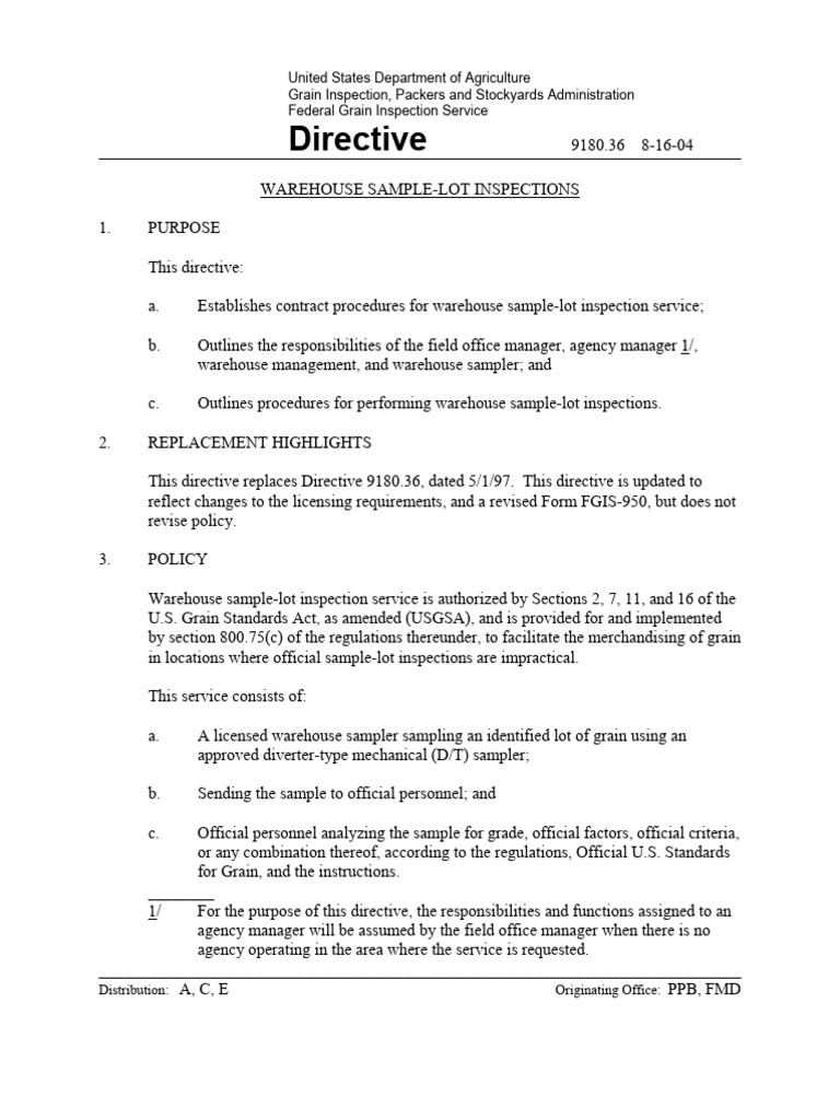 9180-36 Warehouse Sample Lot Inspections | PDF | Warehouse | License