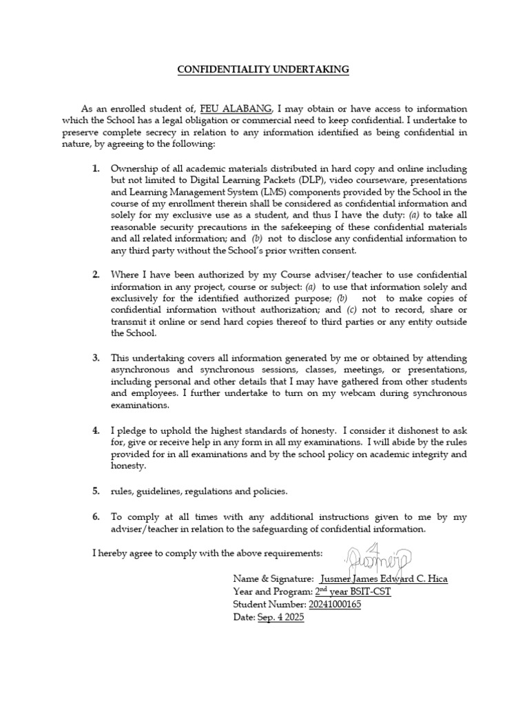 Hica Undertaking - Template | PDF | Confidentiality | Justice