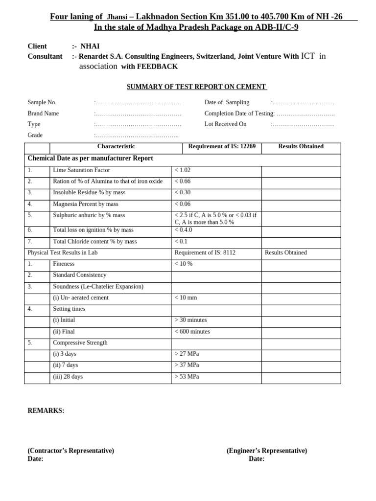 Cement Test Report for NH-26 Project | PDF