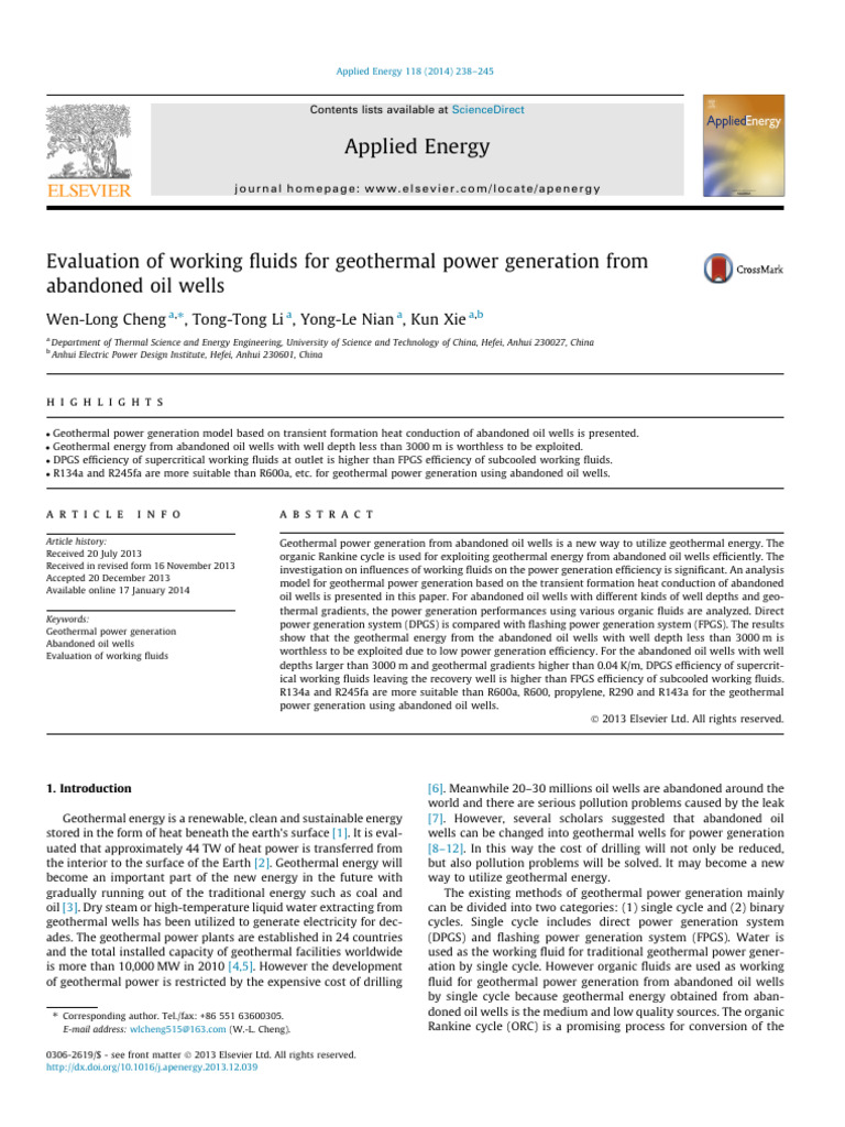 Cheng Et Al. (2013). Evaluation of Working Fluids for Geothermal Power ...