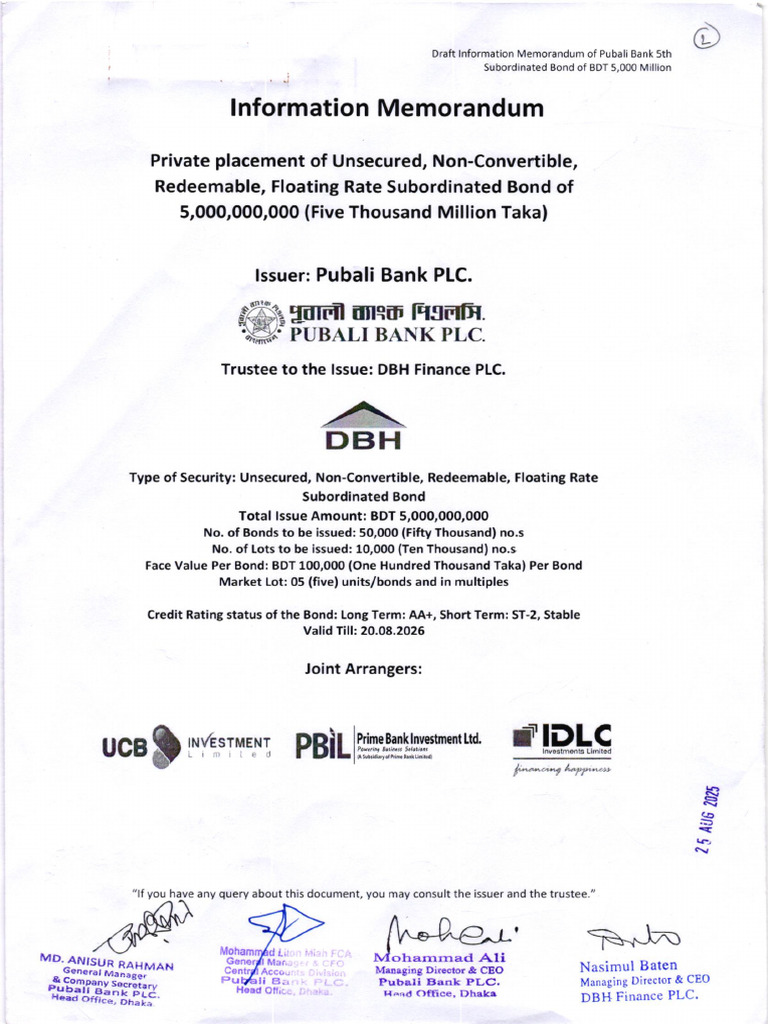 Pubali Bank 5th Subordinated Bond IM | PDF | Business | Investing