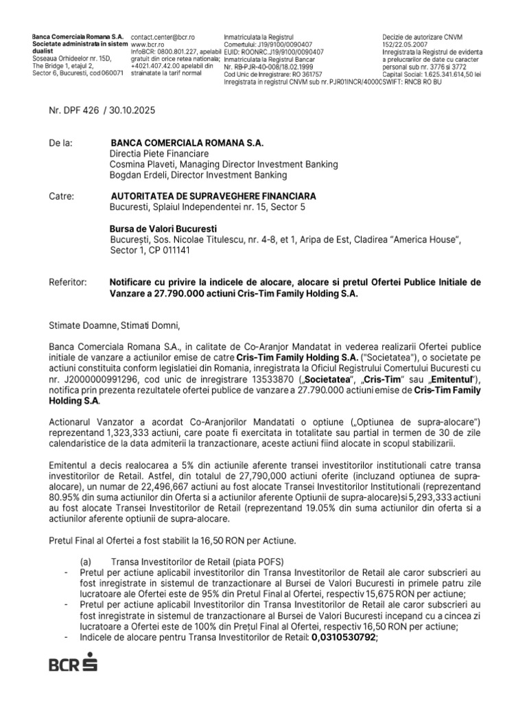 Adresa BVB Notificare Alocare Si Pret Oferta CFH | PDF