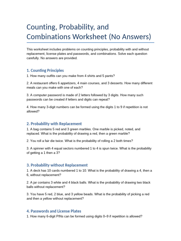 Counting and Probability Worksheet | PDF