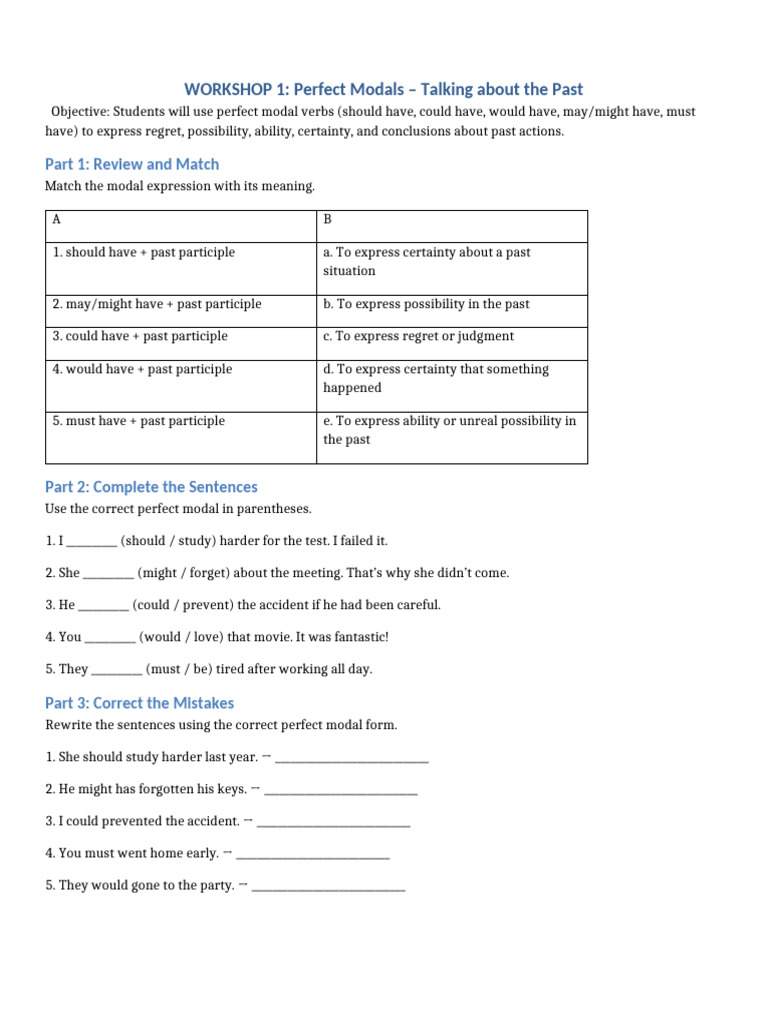 Perfect Modals Workshop: Past Usage Guide | PDF | Linguistics | Grammar