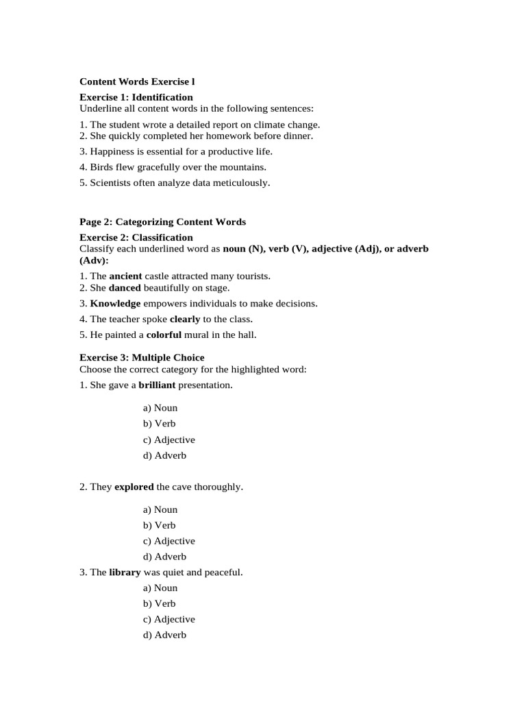 Content Words Exercises for Language Learning | PDF | Adverb | Adjective